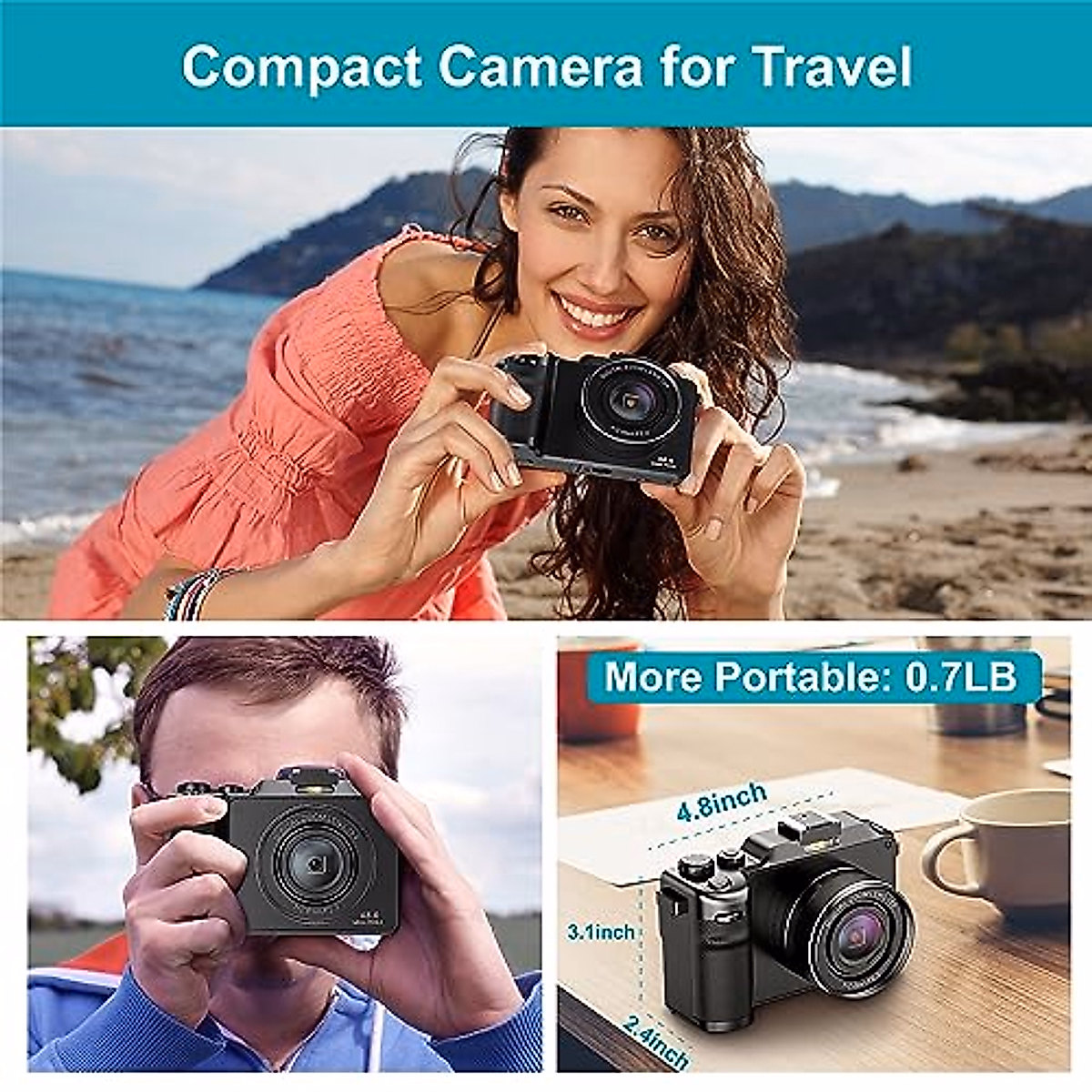Camera for Photography, 4K Digital Camera Anti-Shake 48MP Compact Video Camera with 18X Digital Zoom, Travel Autofocus WiFi Vlogging Camera Point and Shoot Camera with 32GB TF Card, 2 Batteries