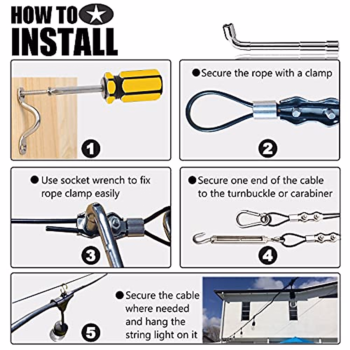 NEREUS String Light Hanging Kit with 164 Ft Nylon Coated 304 Stainless Steel Wire Rope, String Light Suspension Kit, Guide Wire with Turnbuckles and Hooks for Patio, Backyard Lighting Accessories