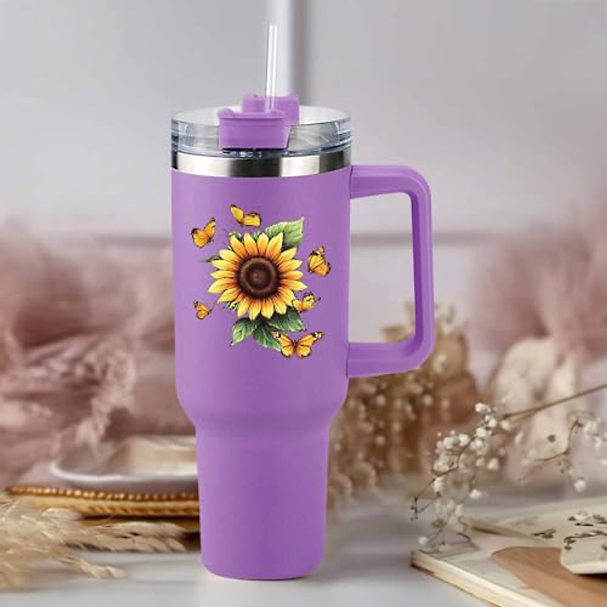 LB LEOBON 40 ounce insulated cup with handle, double-layer vacuum stainless steel material, equipped with straw, can keep warm or maintain cold drinks Spring Flowers Deep purple