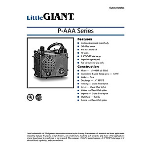 Little Giant P-AAA 115 Volt, 1/160 HP, 120 GPH Manual Submersible Oil-Filled Fountain/Recirculating Pump, 6-Ft. Cord, Black, 523003