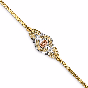 Solid 14k Yellow and White Gold Two Tone Virgin Mary Our Lady of Guadalupe Bracelet - with Secure Lobster Lock Clasp