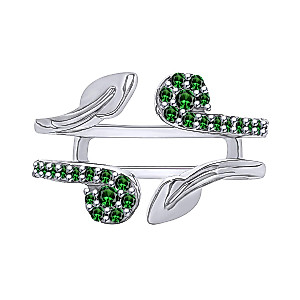 AFFY Round Cut Simulated Emerald Leaf Guard Enhancer Ring in 14k White Gold Over Sterling Silver Ring Size-12