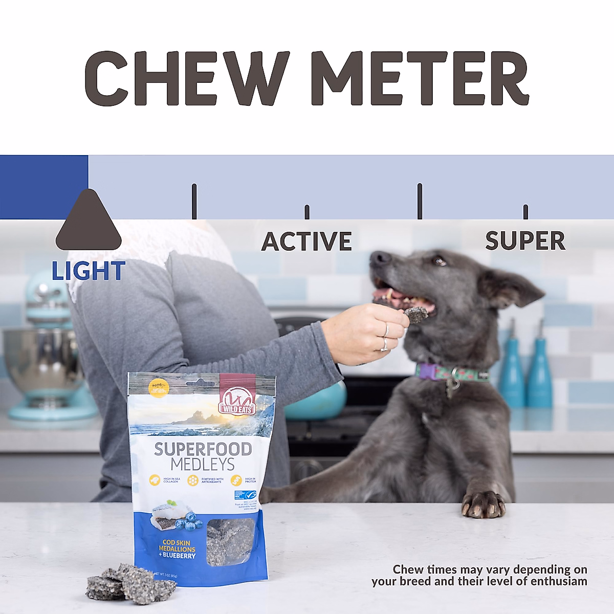 Wild Eats Cod Skins for Dogs, Superfood Healthy Dog Treat Training, 3oz Limited Ingredient Real Blueberry & Cod High in Antioxidants, High Protein, and Marine Collagen for Small, Medium and Large Dogs