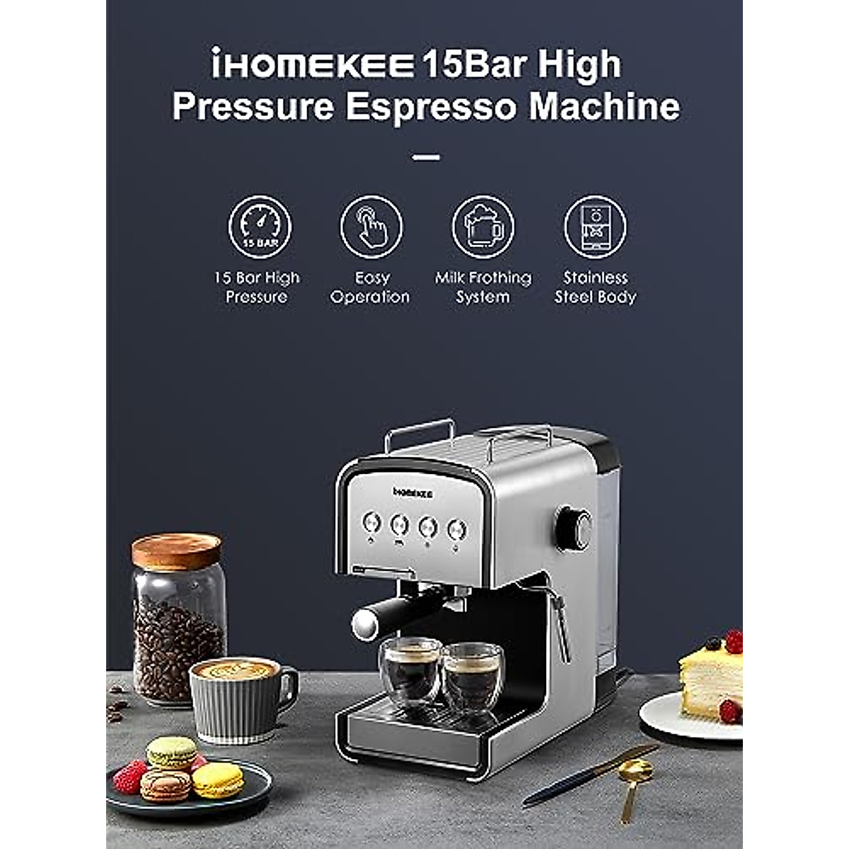Ihomekee Espresso Machine 15 Bar, Coffee Maker for Cappuccino and Latte Maker with Milk Frother Steam Wand, Fast Heating Coffee Machine for Home, Office - CM6822, Silver