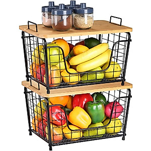 HEOMU Countertop Basket for Kitchen, Bread Vegetable Fruit Organizer Bin With Bamboo Lid, Metal Rectangular Wire Basket for Pantry Cabinet