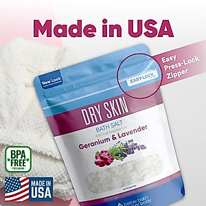 Dry Skin Bath Salt 32 Ounces (2 Lbs) Epsom Salt with Natural Geranium and Lavender Essential Oils Plus Vitamin C in BPA Free Pouch with Easy Press Lock Seal Made in USA