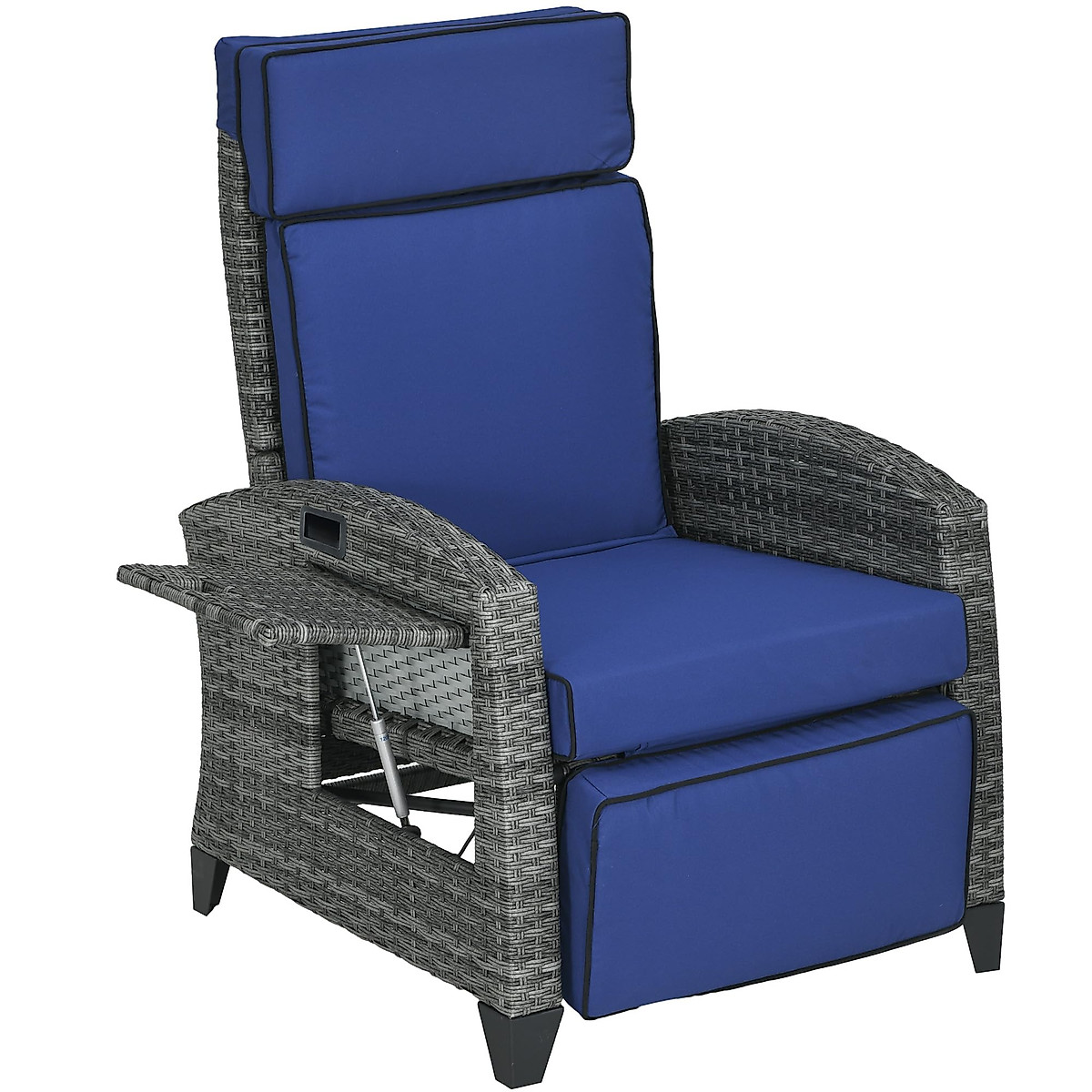 Outsunny Outdoor Recliner Chair with Adjustable Armrests, Footrest, PE Wicker Reclining Patio Lounge Chair with Cushions, Side Tray Table for Porch, Balcony, Dark Blue