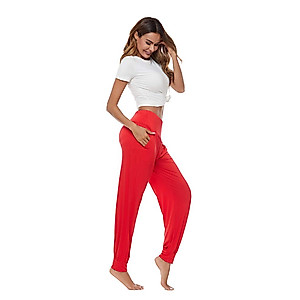 AvaCostume Women's Loose Yoga Harem Workout pants with Pockets Red S