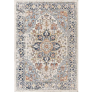 Mark&Day Area Rugs, 8ft Round Bishop Hill Traditional Dark Blue Indoor / Outdoor Area Rug, Blue / Orange / Beige Carpet for Living Room, Bedroom or Kitchen (7'10" Round)