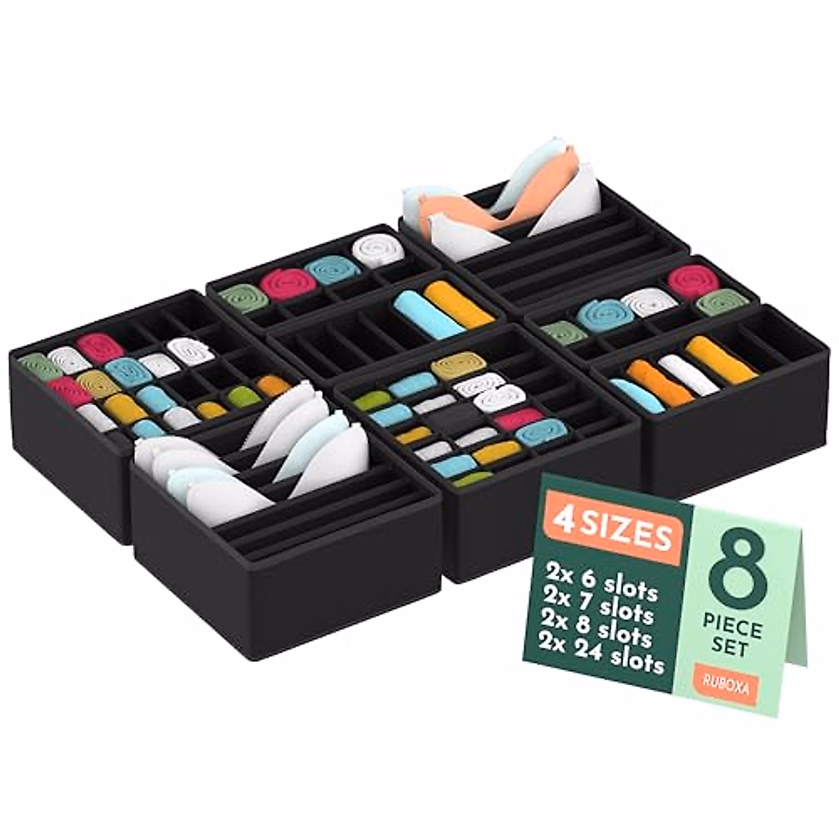 Dresser Organizer, [8 Pk] Black Fabric Dresser Drawer Organizers (4 Sizes With 90 Slots) Foldable Underwear Drawer Organizer Breathable Bins for Bra, Lingerie, Socks, Scarves, Belt, Tie, Baby Clothes.