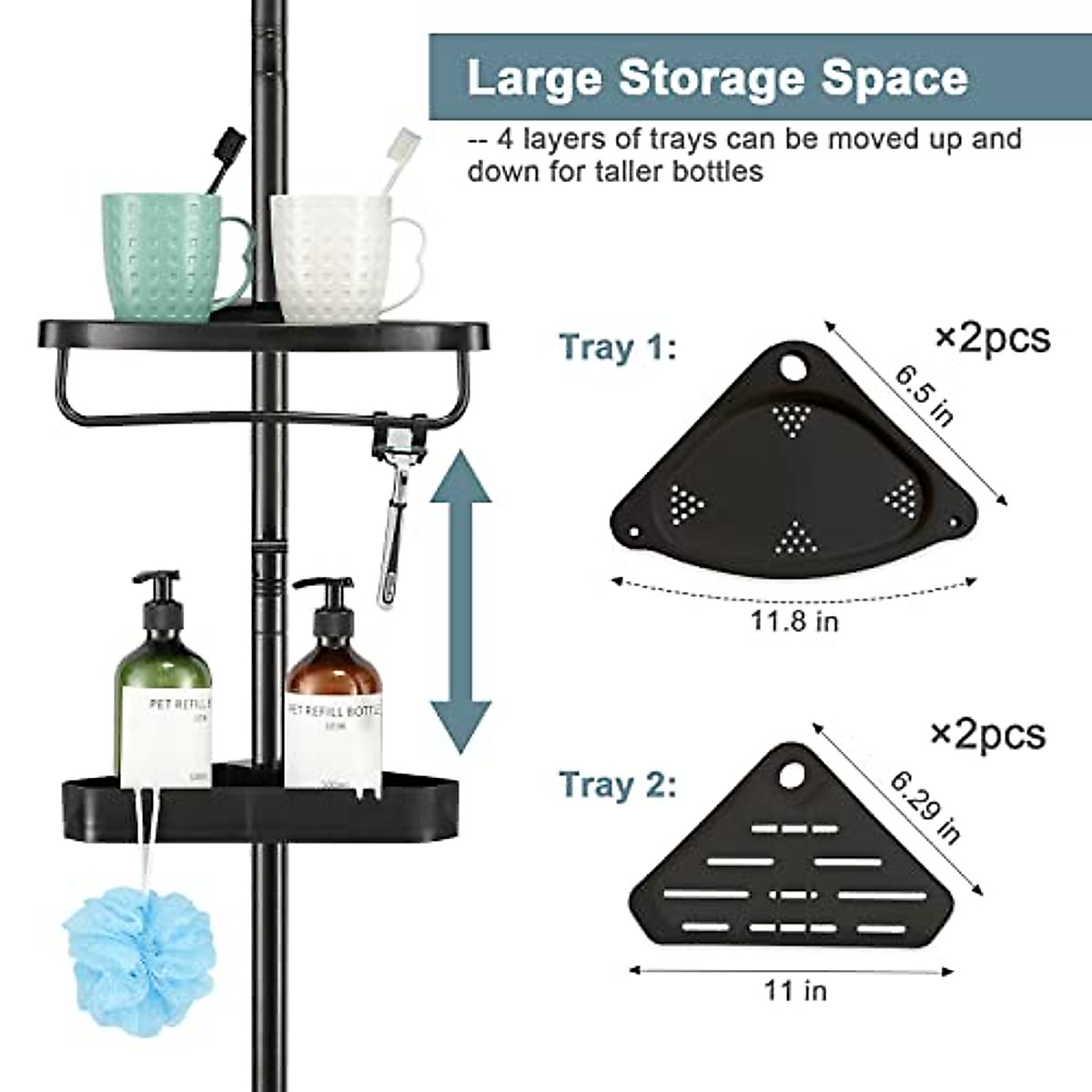 Corner Shower Caddy Tension Pole - Shower Organizer Tension Pole with 4 Shelves,Rust Resistant Stand Tension Rod Shower Caddy for Bathtub,Bathroom,RV,Kitchen Storage - Black,54-114” Adjustable
