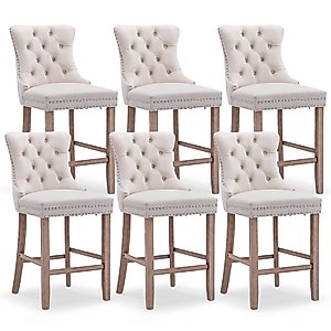 SoarFlash Modern Velvet Upholstered Bar Stools Set of 6 with Wood Legs, Button Tufted,Chrome Nailhead, Counterstool Seat, Armless Bar Chairs (Beige)