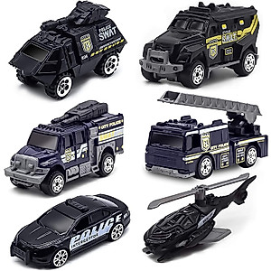 6 Pack Diecast Police Car Toy Set, Mini Alloy Models Police Car Toys for Boys 3-5 6 7, Armored Vehicle, Bulletproof Car, Rescue Truck, Military Helicopter, Armed Car Police Toys Kids Birthday Gift