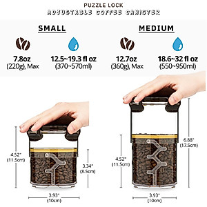 PUZZLE LOCK Size Adjustable Coffee Canister - Airtight Storage Container for Coffee Beans and Grounds, Tea, Spice (Small)