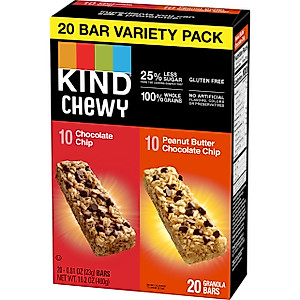 KIND KIDS Chewy Granola Bars, Chocolate Chip and Peanut Butter Chocolate Chip, Variety Pack, 100% Whole Grains, Gluten Free Bars, 0.81 oz (20 Count)