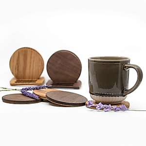 Walnut Wood & Cork Drink Coasters with Holder – Set of 4 Reversible Natural Round Wooden Coasters & Base for Absorbent Furniture Protection for Rustic Home and Office Décor – Perfect Housewarming Gift