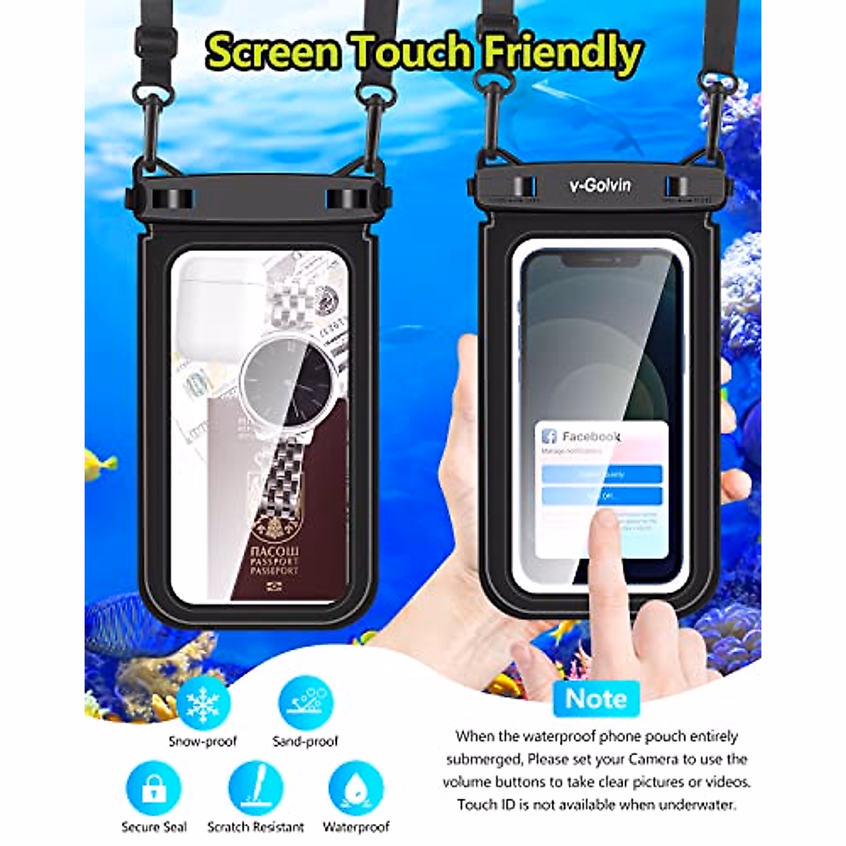 v-Golvin Waterproof Phone Pouch, 2 in 1 IPX8 Cellphone Dry Bag Waterproof Case for iPhone 14 13 12 11 Pro Max SE 2020 XS Max XR X 8 7 6s Plus S22 S10 S20 S21 Ultra Note 20/10 Up to 7 inches, Black