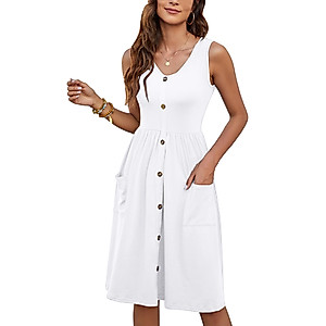 MOLERANI Women Summer Dresses Sleeveless Casual Loose Swing Button Down Midi Dress with Pockets(White,S)