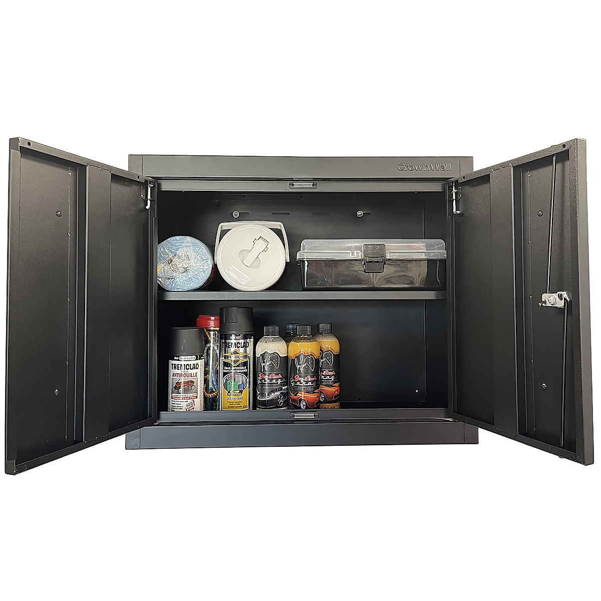 Crownwall Pro Series Fully Assembled Wall Cabinet, Garage Storage, Home Organizer Storage System (Black with Silver Handles)