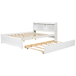 HomSof Full Bed with Trundle and Bookcase,White