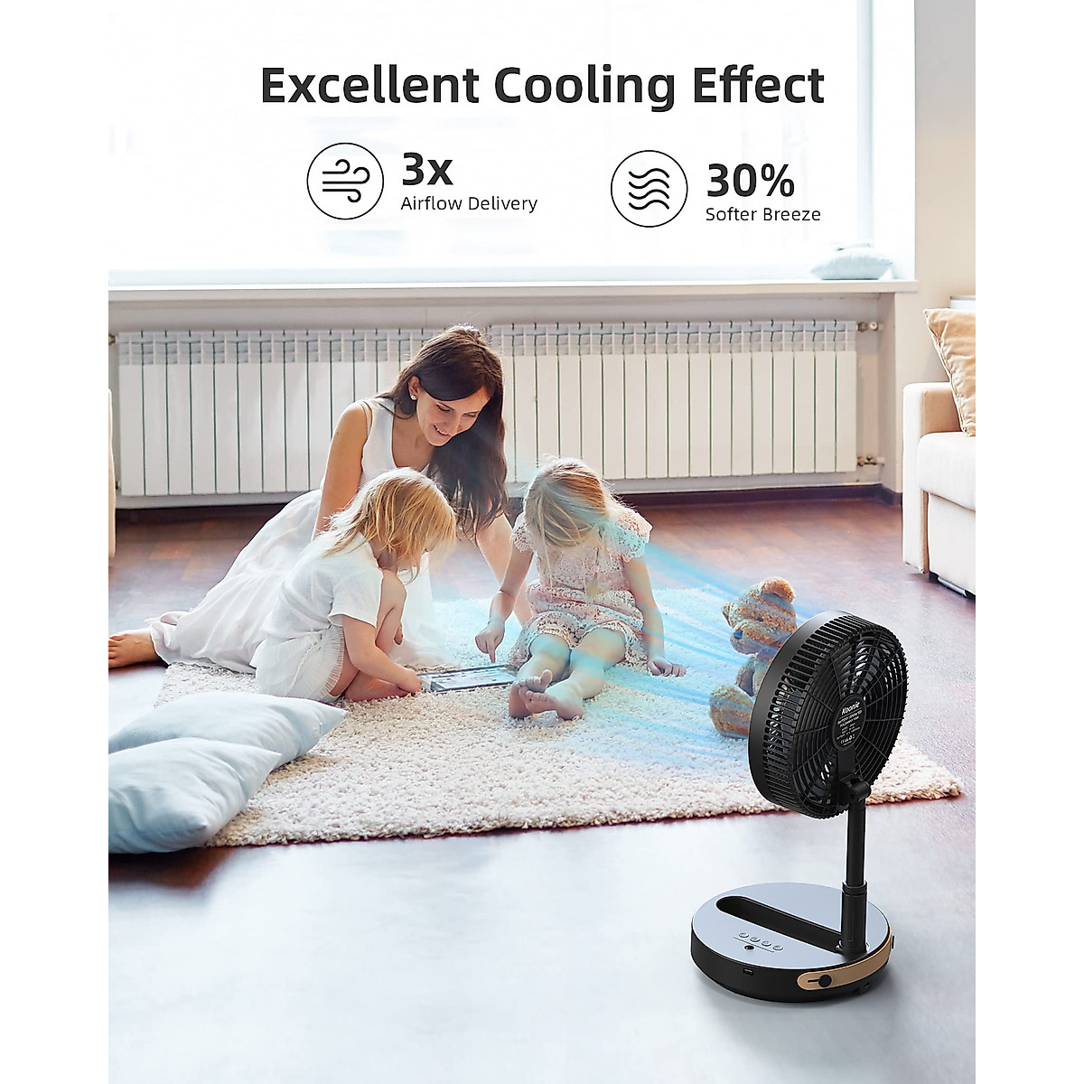 Koonie Portable Fan, 10 Inch Foldable Stand/Desk Fan up to 50 Hours 4 Speed Remote Control Battery or USB Powered Cordless Height Adjustable Super Quiet Fan for Home, Camping, Fishing, Travel, Black