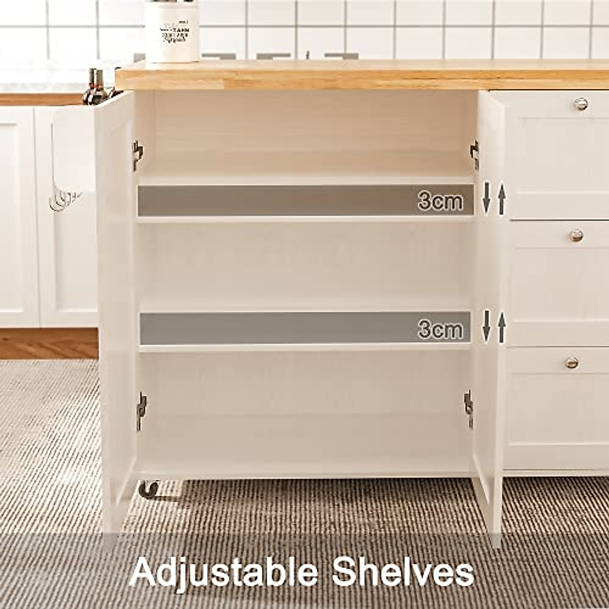 IRONCK Rolling Kitchen Island Cart with Drop-Leaf Countertop, Barn 3Drawers, Barn Door Style Cabine,Thicker Rubberwood Top, Spice Rack, on Wheels, for Kitchen and Dining Room, White