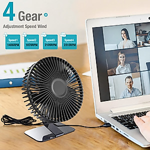 xasla 6'' USB Desk Fan, 4 Speeds Small Desk Fan, Ultra Quiet Electric Plug In, 90° Adjustment, Strong Wind, USB Powered, Portable Desktop Table Fan for Home Office