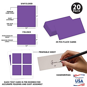 Andaz Press Table Tent Printable Place Cards, Purple 20-Pack, Place Cards For Table Settings Name Cards For Baby Bridal Wedding Shower, School Graduation Food Cards Table Name Cards