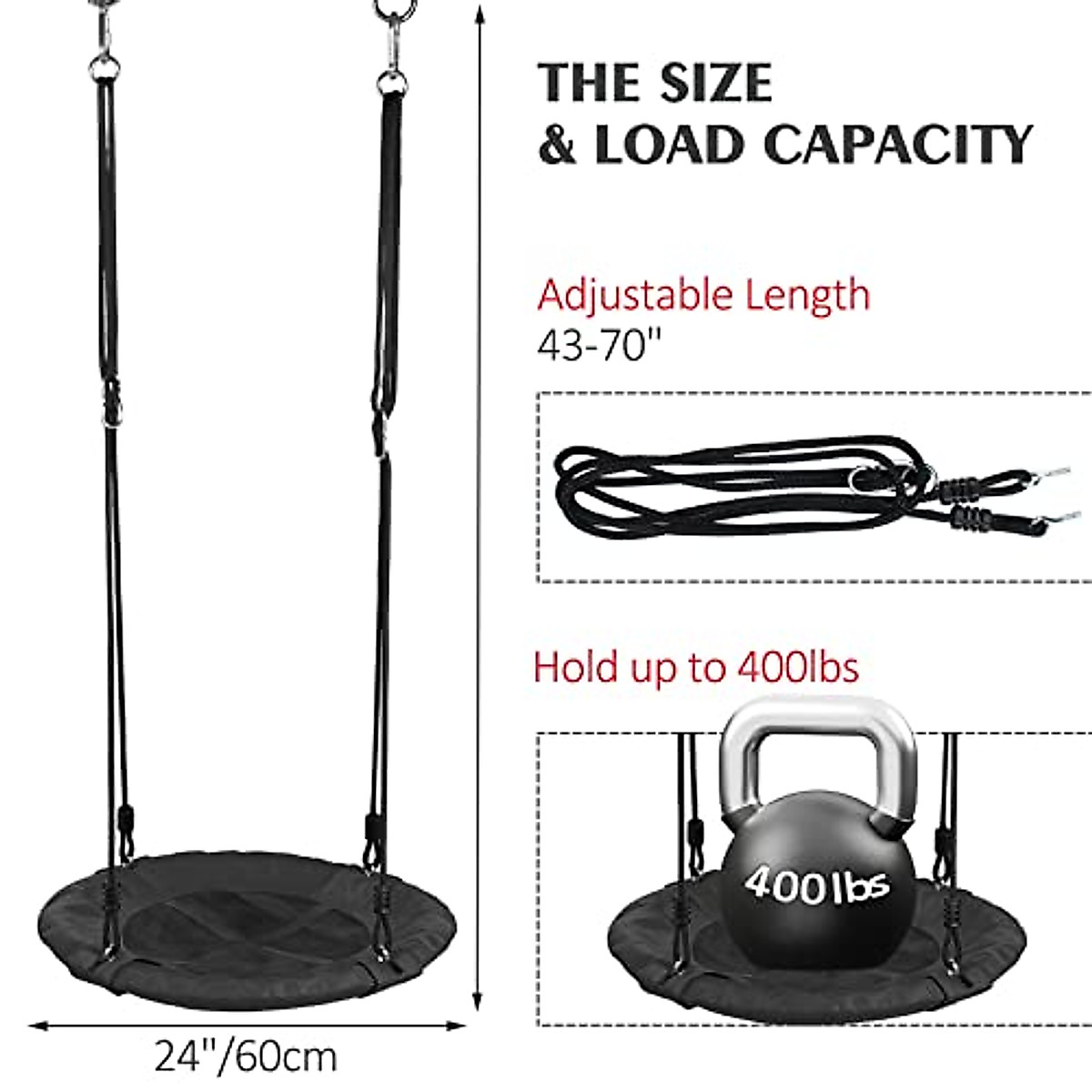 Display4top Spider Web Swing, 24" Kids Tree Swing Platform with 60" Detachable Nylon Ropes, Max 400 Lbs, Great for Park Backyard Playground Outdoor, Fun for Kids (Black)