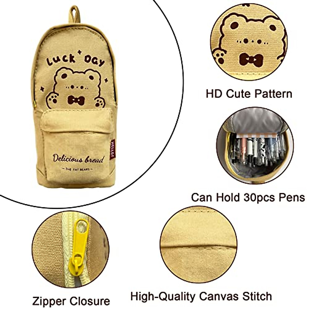 Cute Pencil Case Zipper Pouch Canvas Stitch Soft Fabric Big Capacity Bag With Compartments Little Bear Pattern Kwaii Office School Stationary Supplies for Kids Girls Boys Adults