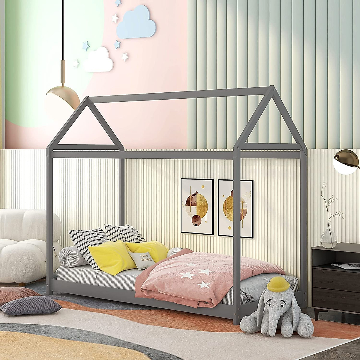 House Twin Bed Frame Wooden Platform Bed for Kids,No Box Spring Needed, Gray