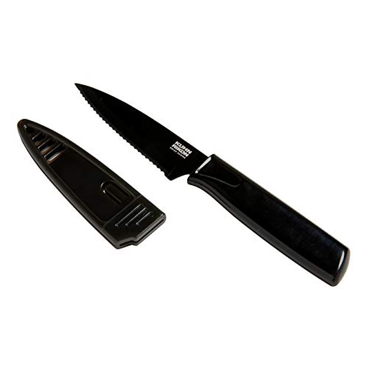 KUHN RIKON COLORI Non-Stick Serrated Paring Knife with Safety Sheath, 4 inch/10.16 cm Blade, Black