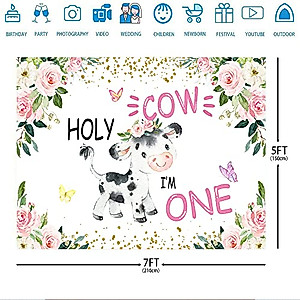 Ticuenicoa 7x5ft Holy Cow I'm One 1st Birthday Backdrop for Girls Baby Shower Photography Background Pink and Gold Floral Animals Bday Backdrops for Party Newborn Kids Supplies Photobooth Props…