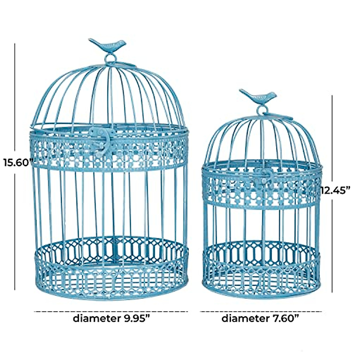 Deco 79 Metal Birdcage with Latch Lock Closure and Hanging Hook, Set of 2 16", 12"H, Blue