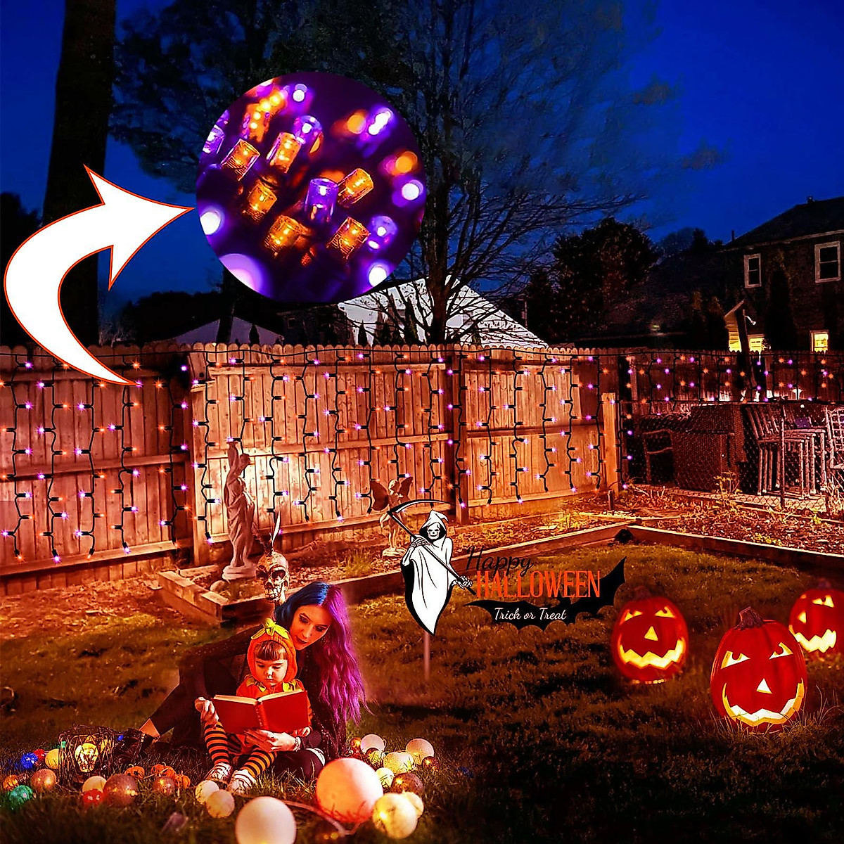 Purple Orange Solar Halloween Curtain Lights Outdoor 300 LED 19.6ft(L)x3.3ft(H) Vertically Extra Length Lights Curtain 8 Versatile Modes Waterproof for Halloween Holiday Decoration Fence Yard Garden