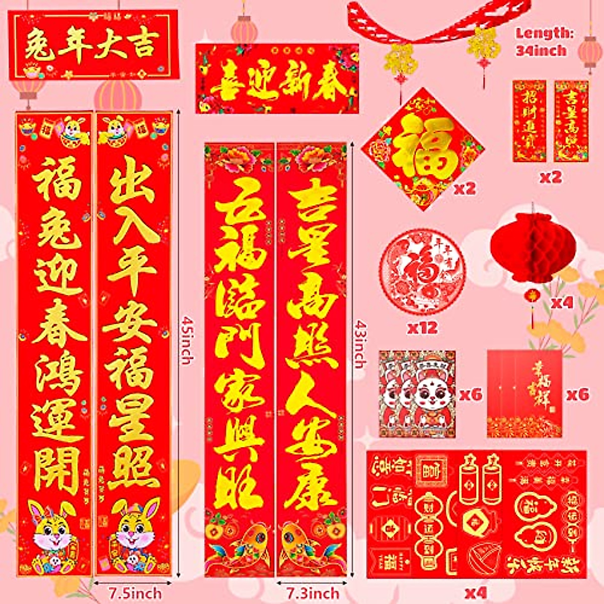 Chinese New Year Decorations 2023 Rabbit Year Decorations Chinese New Year Couplets Lunar New Year Decorations 2023 for Spring Festival Party Chinese New Year Decorations Red Envelopes Red Lanterns