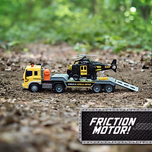 Sunny Days Entertainment Semi Truck Helicopter Carrier Transport – Lights and Sounds Toy Vehicle with Friction Motor | Realistic Truck and Trailer for Kids – Maxx Action