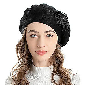 ZLYC Womens French Beret hat, Reversible Solid Color Cashmere Mosaic Warm Beret Cap for Girls (Flower Black)