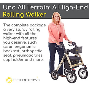 Comodità Uno All Terrain Rolling Walker with Pneumatic Tires, Wheeled Rollator with Orthopedic Extra Wide Seat and Brakes for Adults and Seniors, Easy Folding, 4 Wheel, Modena Red