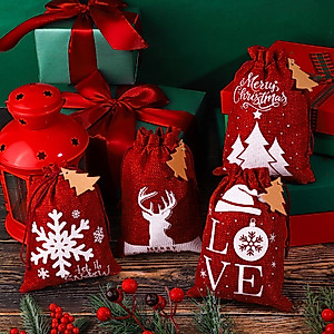 MIMIND 24 Pack Christmas Linen Bags with Drawstrings 7 x 5 Inch Burlap Gift Bags Christmas Burlap Goody Present Bags with Cards for Party Favor, 12 Designs, Wine Red