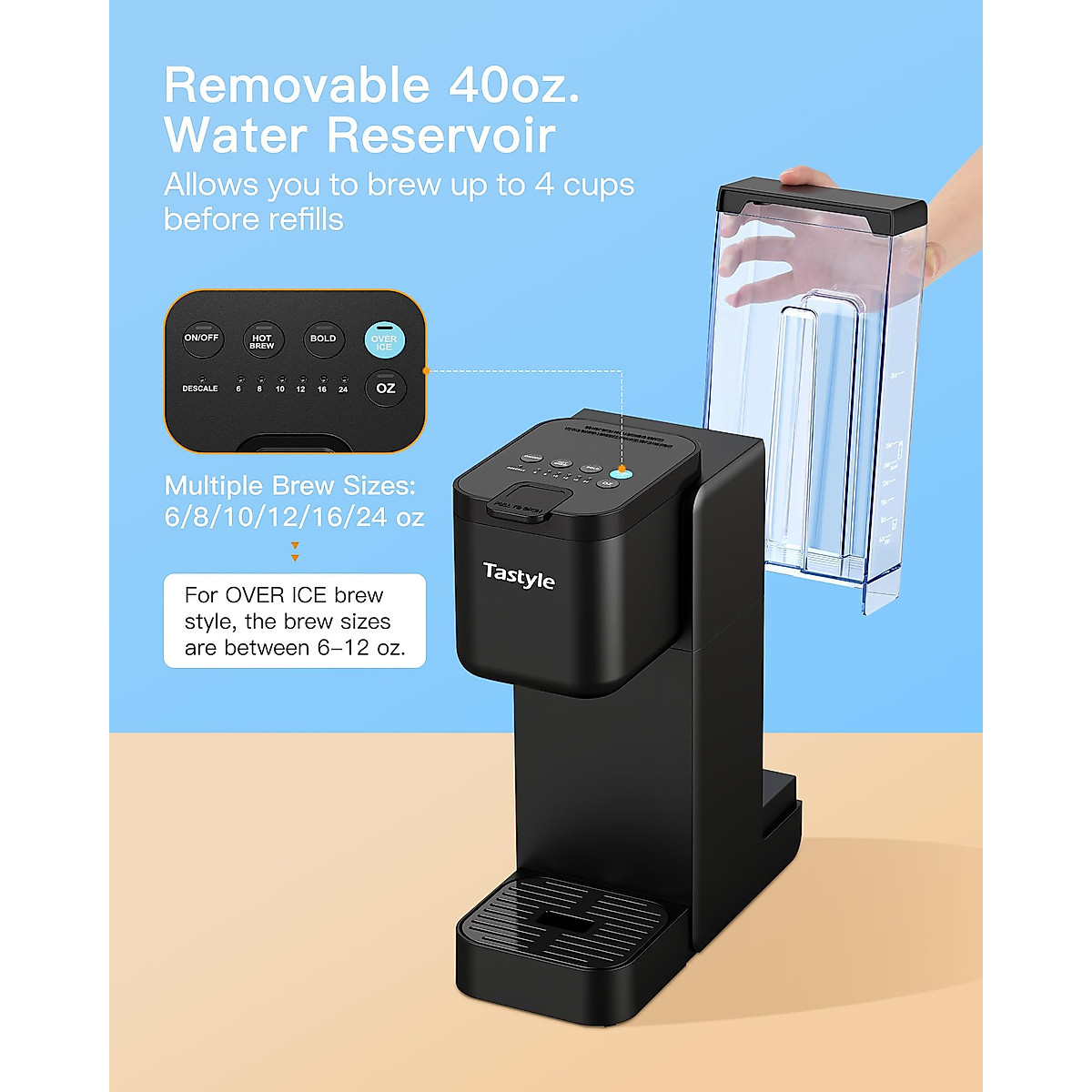 Tastyle Single Serve Coffee Maker, Iced and Hot Coffee Brewer for K Cup & Ground Coffee, with Removable 40 oz. Water Reservoir, 6 to 24 oz. Brew Sizes, Includes Bold & Descale Settings, Black