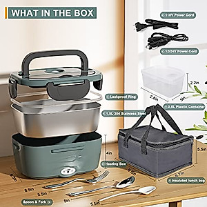 Monteka Electric Lunch Box Food Heater - Leakproof Portable Food Warmer heated lunch box for adults for Car/Home/Truck with 1.5L Removable Stainless Steel Container, 80W, 12V/24V/110V, Green