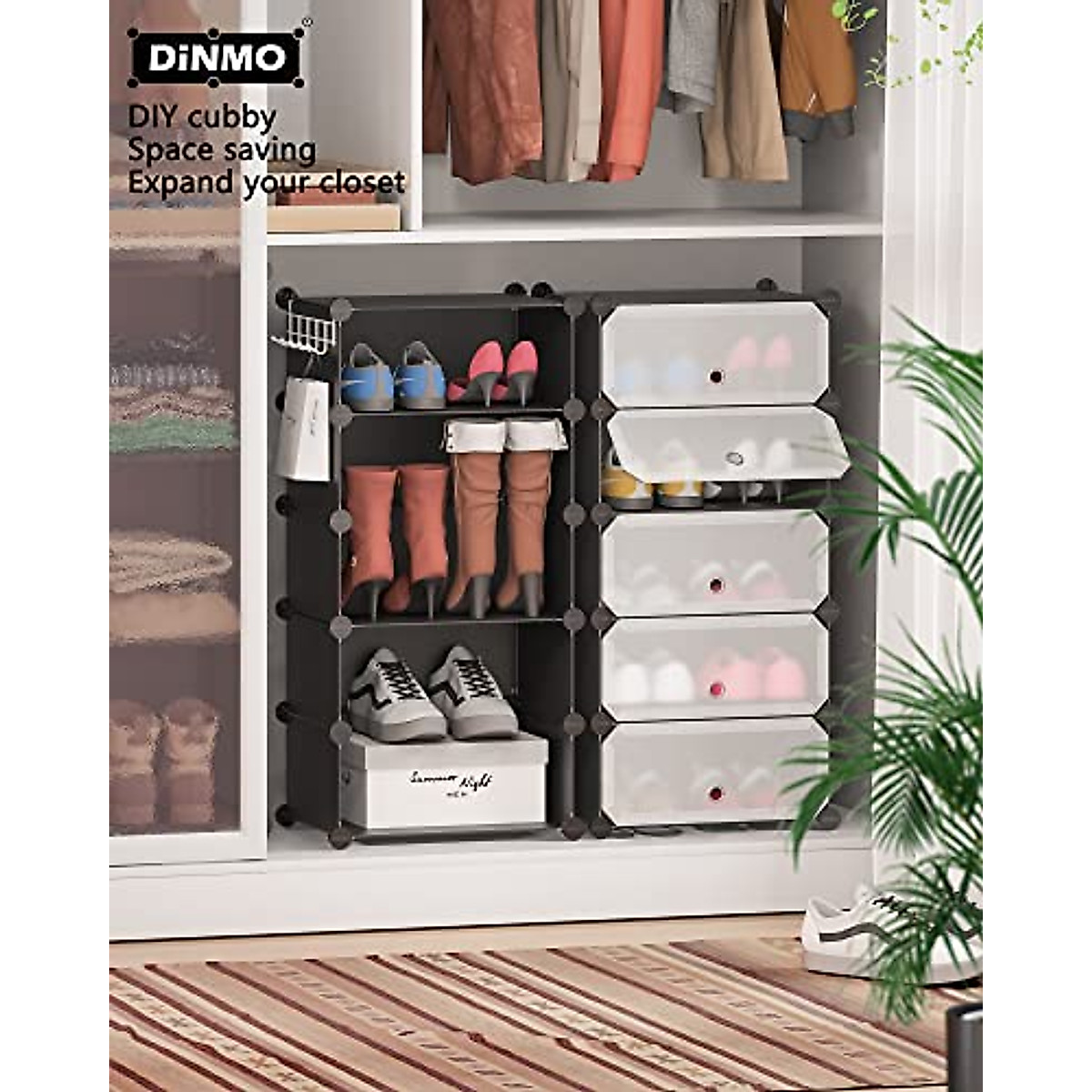 DINMO 10-Tier Shoe Rack with Doors for Entryway, 20 Pairs, Portable Plastic Cubby Shoe Shelves Organizer Unit, DIY Shoe Cabinet, Black