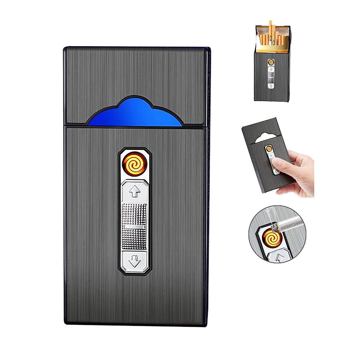 Cigarette Case Lighters, Cigarette Case with Electric Lighter, USB Rechargeable Lighter, Electric Arc Lighter Cigarettes Box Holder Birthday Gift for Women Men, Hold 20 Regular Size Cigarettes (Black)