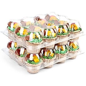 LotFancy Dozen Cupcake Containers, Pack of 12 Plastic Cupcake Boxes Bulk, 12 Compartment Holder with Detachable Lid, Disposable Muffin Carrier, Standard Size