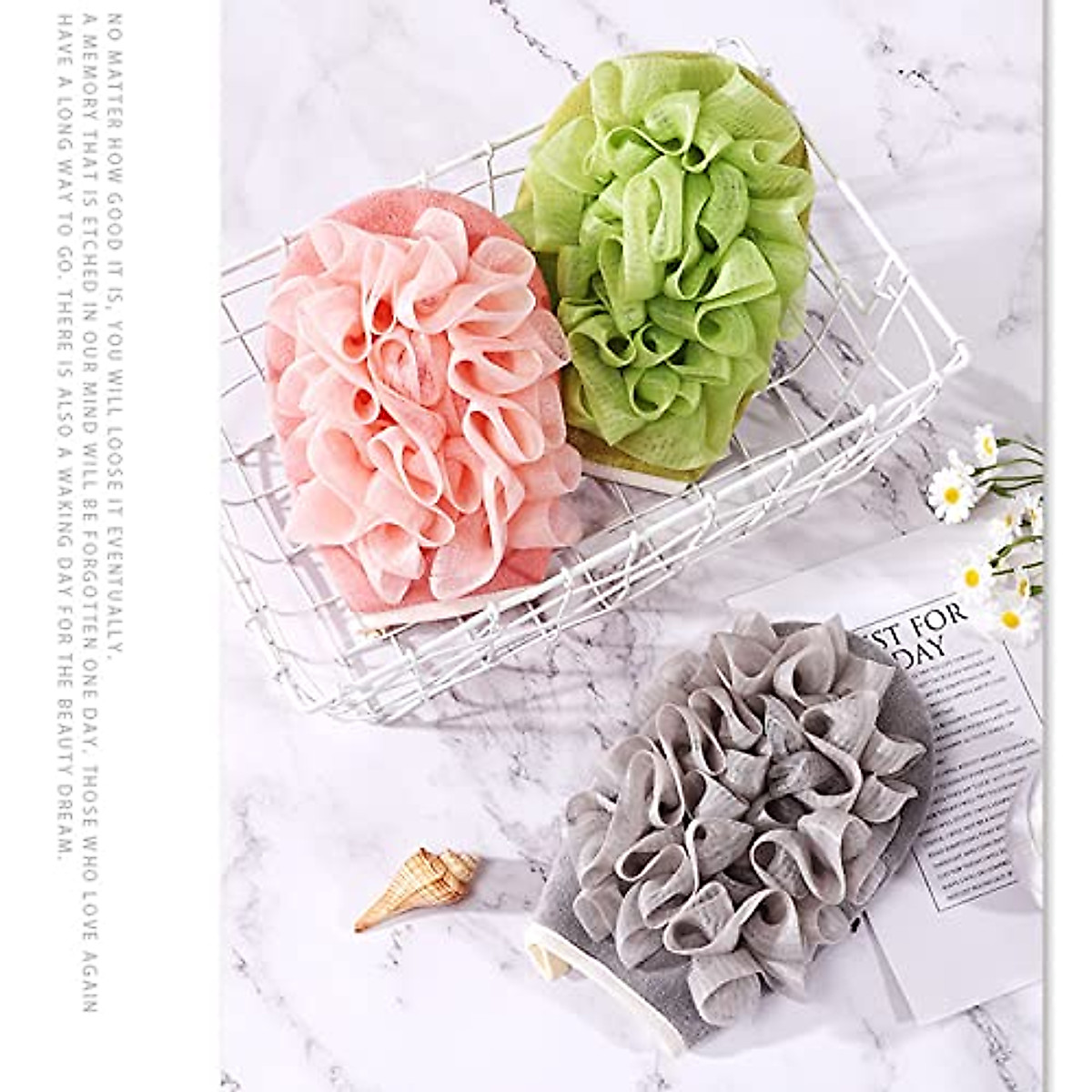 2PCS Shower Gloves with Flower Bath Ball Exfoliating Body Pad Deep Cleaning Gloves for Bathroom, Bathhouses and Spas (Green)