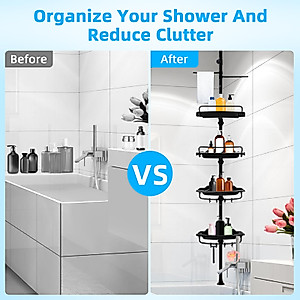 XLHOMO 32-122inch Corner Shower Caddy Tension Pole Black, Rustproof Drill-Free Shower Shelves for Bathroom Bathtub Washbasin, Adjustable Shower Organizer with 4 Tier Patent Stable Shelves & Towel Bars