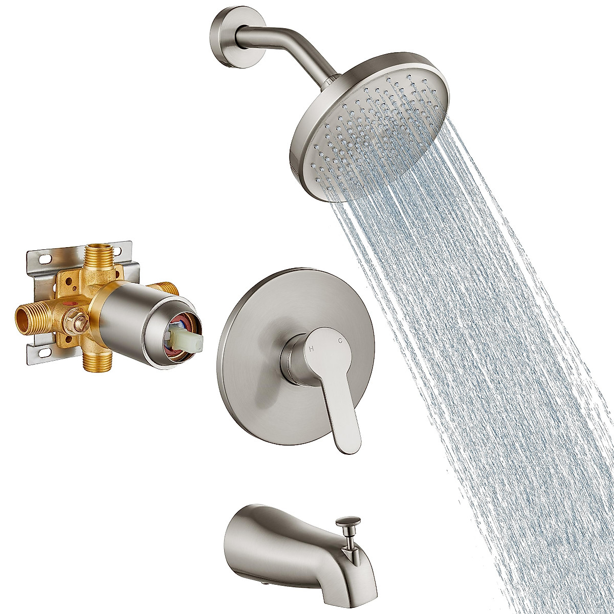 Aolemi Brushed Nickel Tub Shower Faucet Set With Valve Wall Mount Shower Trim Kit 6 Inch Bathtub Fixtures With Pressure Balance Rough-in Valve Single-Spray Shower Head System and 5.3 Inch Tub Spout