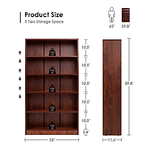 Farini Cherry Bookshelf 5 Shelf Office Bookcase 60 Inches Tall Modern Wood Bookshelf for Living Room Office