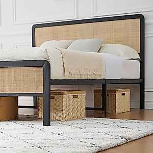 Alkmaar Full Size Metal Bed Frame with Rattan Headboard and Footboard, Platform Bed Frame with Safe Rounded Corners, Under Bed Storage, Strong Metal Slat Support, No Box Spring Needed